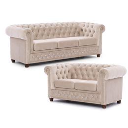 SITZGARNITUR 3+2 Chesterfield Cleo Blink Beige Samt mit Kristallsteppung und braunen Massivholzf&uuml;&szlig;en