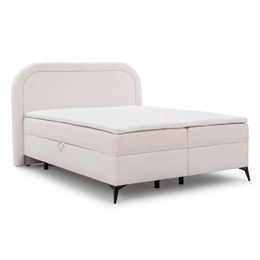 BOXBETT Sonna 200/200 cm Wei&szlig; Boucl&eacute;-Stoff mit abgerundetem Kopfteil und mit schwarzen Metallf&uuml;&szlig;en