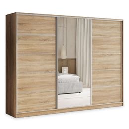 SCHWEBET&Uuml;RENSCHRANK PINA 270/205/58 cm 3-t&uuml;rig mit Spiegel und 4 Schubladen Sonoma Eiche