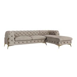 ECKSOFA Chesterfield Lexi Dunkle Creme Samt, Ottomane rechts