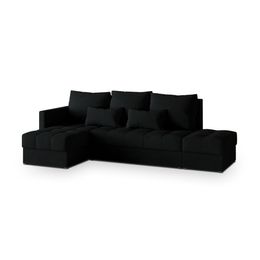 ECKSOFA LUMARI L-S Schwarz Pl&uuml;sch-Stoff mit Schlaffunktion