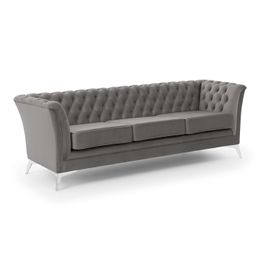 CHESTERFIELD-SOFA 3-sitzer Whitby Grau Samt mit silbernen F&uuml;&szlig;en