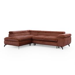 ECKSOFA mit Schlaffunktion und Bettkasten Bonnie aus Terrakotta Cord-Stoff mit verstellbaren Kopfst&uuml;tzen und Armlehne - Ottomane links