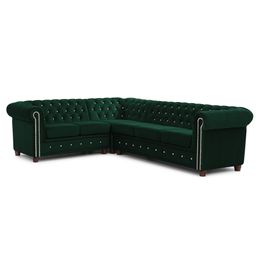 ECKSOFA Chesterfield Cleo Blink Flasche Gr&uuml;n Samt mit Kristallsteppung und braunen Massivholzf&uuml;&szlig;en - Ottomane Links