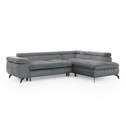 ECKSOFA mit Schlaffunktion und Bettkasten Bonnie aus Grau Cord-Stoff mit verstellbaren Kopfst&uuml;tzen und Armlehne - Ottomane rechts