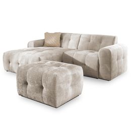 ECKSOFA inkl. Hocker Kozy im Bumpy-Design mit Schlaffunktion und fester R&uuml;ckenlehne aus weichem Dunkelbeige Chenille-Stoff - Ottomane links
