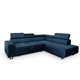 ECKSOFA NOLA R-S Blau Velours-Stoff mit Schlaffunktion