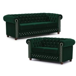 SITZGARNITUR 3+2 Chesterfield Cleo Blink Flasche Gr&uuml;n Samt mit Kristallsteppung und braunen Massivholzf&uuml;&szlig;en