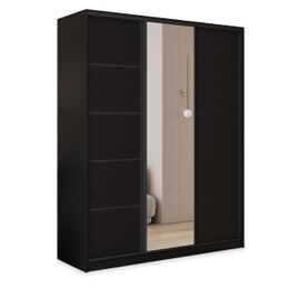 SCHWEBET&Uuml;RENSCHRANK PINA 150/205/58 cm 3-t&uuml;rig mit Spiegel und Schubladen Schwarz