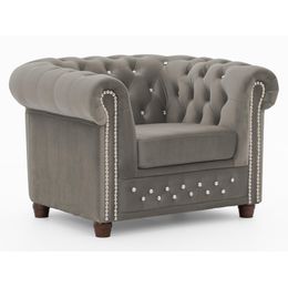 CHESTERFIELD-SESSEL Cleo Blink Grau Samt mit Kristallsteppung und braunen Massivholzf&uuml;&szlig;en