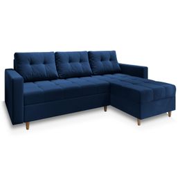 ECKSOFA MILO L Blau Pl&uuml;sch-Stoff mit Schlaffunktion