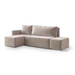 ECKSOFA VELOTTI L-S Beige Pl&uuml;sch-Stoff mit Schlaffunktion