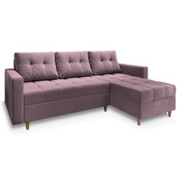 ECKSOFA MILO L Rosa Pl&uuml;sch-Stoff mit Schlaffunktion
