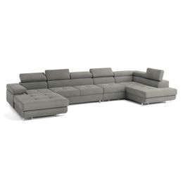 WOHNLANDSCHAFT VELORA R-S Hellgrau Velours-Stoff mit Schlaffunktion