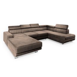 WOHNLANDSCHAFT SIENA R-S Beige Velours-Stoff mit Schlaffunktion