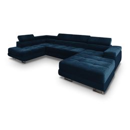 WOHNLANDSCHAFT CASONE L-S Blau Velours-Stoff mit Schlaffunktion