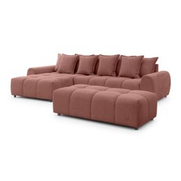 ECKSOFA inkl. Hocker Bubble mit Schlaffunktion und losen R&uuml;ckenkissen, Sitzfl&auml;che Bubble-Optik aus weichem Terrakotta Strukturstoff - Ottomane Links