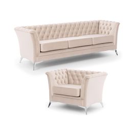 SITZGARNITUR 3+1 Chesterfield Whitby Beige Samt mit silbernen F&uuml;&szlig;en