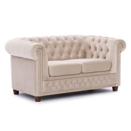 CHESTERFIELD-SOFA 2-sitzer Cleo Blink Beige Samt mit Kristallsteppung und braunen Massivholzf&uuml;&szlig;en