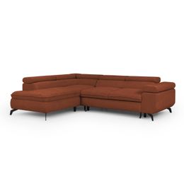 ECKSOFA mit Schlaffunktion und Bettkasten Bonnie aus Terrakotta Chenille-Stoff mit verstellbaren Kopfst&uuml;tzen und Armlehne - Ottomane links