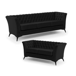 SITZGARNITUR 3+2 Chesterfield Whitby Schwarz Samt mit schwarzen F&uuml;&szlig;en