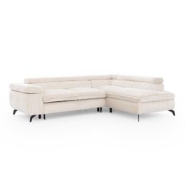 ECKSOFA mit Schlaffunktion und Bettkasten Bonnie aus Creme Cord-Stoff mit verstellbaren Kopfst&uuml;tzen und Armlehne - Ottomane rechts
