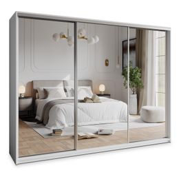 SCHWEBET&Uuml;RENSCHRANK RIEN 250/205/60 cm 3-t&uuml;rig mit Spiegel und Schubladen Wei&szlig;