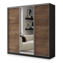 SCHWEBET&Uuml;RENSCHRANK SORE 200/205/58 cm 3-t&uuml;rig mit Spiegel und 4 Schubladen Schwarz