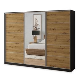 SCHWEBET&Uuml;RENSCHRANK NATA 250/205/58 cm 3-t&uuml;rig mit Spiegel und Schubladen Schwarz / Eiche Artisan