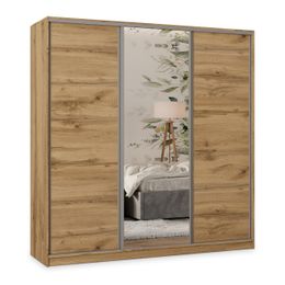 SCHWEBET&Uuml;RENSCHRANK TARI 200/205/58 cm 3-t&uuml;rig mit Spiegel und 4 Schubladen Eiche Wotan