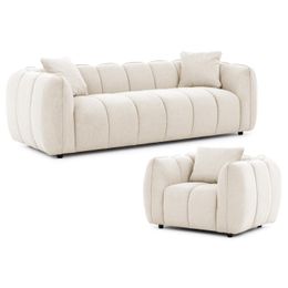 SITZGARNITUR 3+1 Nubira in tief gesteppter Bubble-Optik aus weichem Hellbeige Strukturstoff im modernen Design