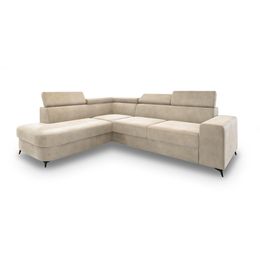 ECKSOFA ALVORO L-S Creme Velours-Stoff mit Schlaffunktion
