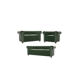 SITZGARNITUR mit Schlaffunktion 3+2+1 Chesterfield Nyx Flasche gr&uuml;n Samt
