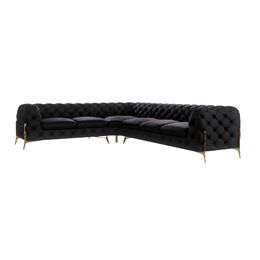 ECKSOFA Chesterfield Lexi Schwarz Samt, langer Schenkel rechts