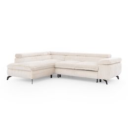 ECKSOFA mit Schlaffunktion und Bettkasten Bonnie aus Creme Cord-Stoff mit verstellbaren Kopfst&uuml;tzen und Armlehne - Ottomane links