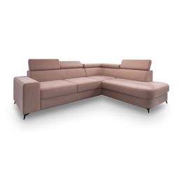 ECKSOFA ALVORO R-S Rosa Velours-Stoff mit Schlaffunktion