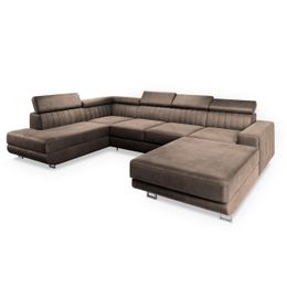 WOHNLANDSCHAFT SIENA L-S Beige Velours-Stoff mit Schlaffunktion