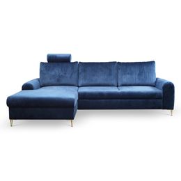 ECKSOFA VERONA L-S Blau Velours-Stoff mit Schlaffunktion
