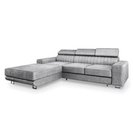 ECKSOFA NOTO L-S Hellgrau Velours-Stoff mit Schlaffunktion