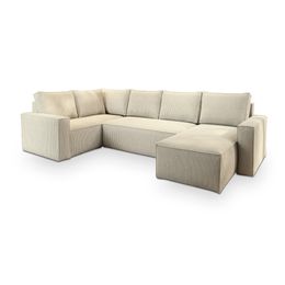 WOHNLANDSCHAFT NORENA L-S Creme Kordstoff mit Schlaffunktion