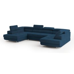 WOHNLANDSCHAFT RAGGIO Blau Velours-Stoff mit Schlaffunktion