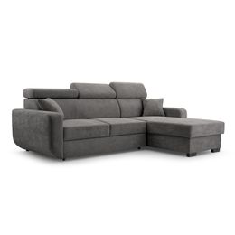 ECKSOFA CASTELLO Grau Pl&uuml;sch-Stoff mit Schlaffunktion