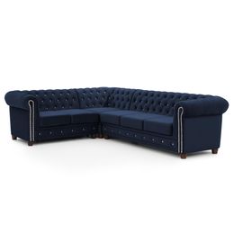 ECKSOFA mit Schlaffunktion Chesterfield Marineblau Samt mit Kristallsteppung und braunen Massivholzf&uuml;&szlig;en - Ottomane Links