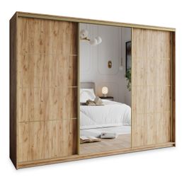 SCHWEBET&Uuml;RENSCHRANK VARO 250/205/60 cm 3-t&uuml;rig mit Spiegel und Schubladen Craft Eiche Gold