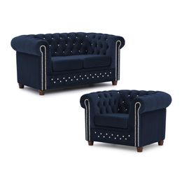 SITZGARNITUR 2+1 Chesterfield Cleo Blink Marineblau Samt mit Kristallsteppung und braunen Massivholzf&uuml;&szlig;en