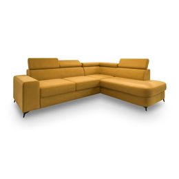 ECKSOFA ALVORO R-S Gelb Velours-Stoff mit Schlaffunktion