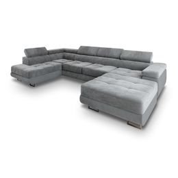 WOHNLANDSCHAFT CASONE L-S Hellgrau Velours-Stoff mit Schlaffunktion