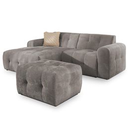 ECKSOFA inkl. Hocker Kozy im Bumpy-Design mit Schlaffunktion und fester R&uuml;ckenlehne aus weichem Taupe Chenille-Stoff - Ottomane links