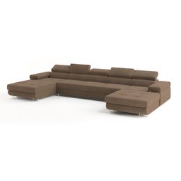 WOHNLANDSCHAFT OMBRA Beige Velours-Stoff mit Schlaffunktion
