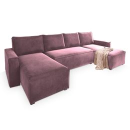 WOHNLANDSCHAFT DENI Lila Velours-Stoff mit Schlaffunktion
